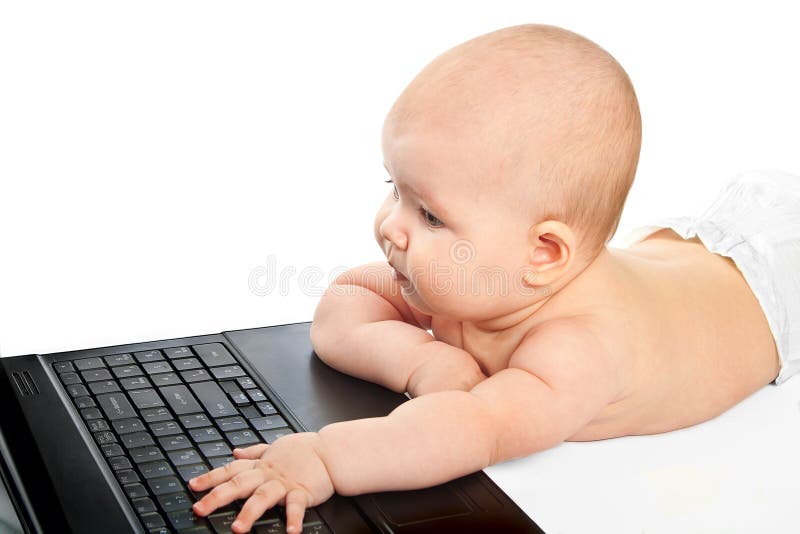 Happy Baby and a Laptop Computer Isolated Stock Photo - Image of joyful ...