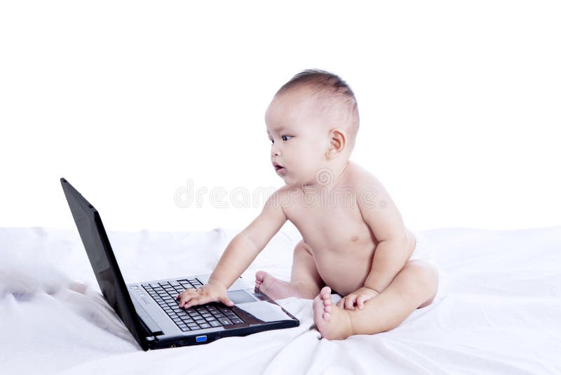 Little Baby and Laptop Computer Stock Image - Image of cute, childhood ...