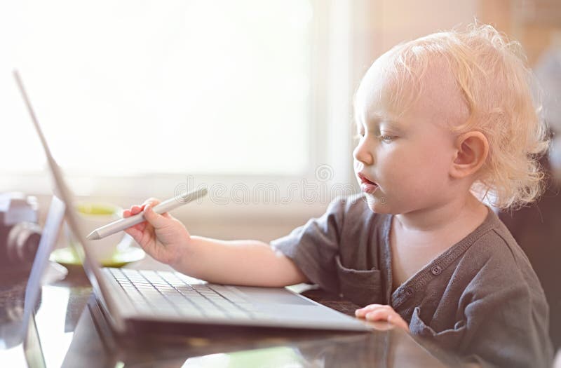 Little Baby Learning To Use Laptop Computer . Stock Photo - Image of ...