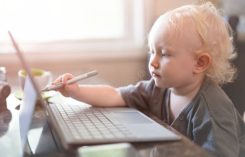 Little Baby Learning To Use Laptop Computer . Stock Image - Image of ...