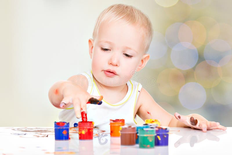 Little Baby Paint by His Hands. Stock Photo - Image of indoor, color ...