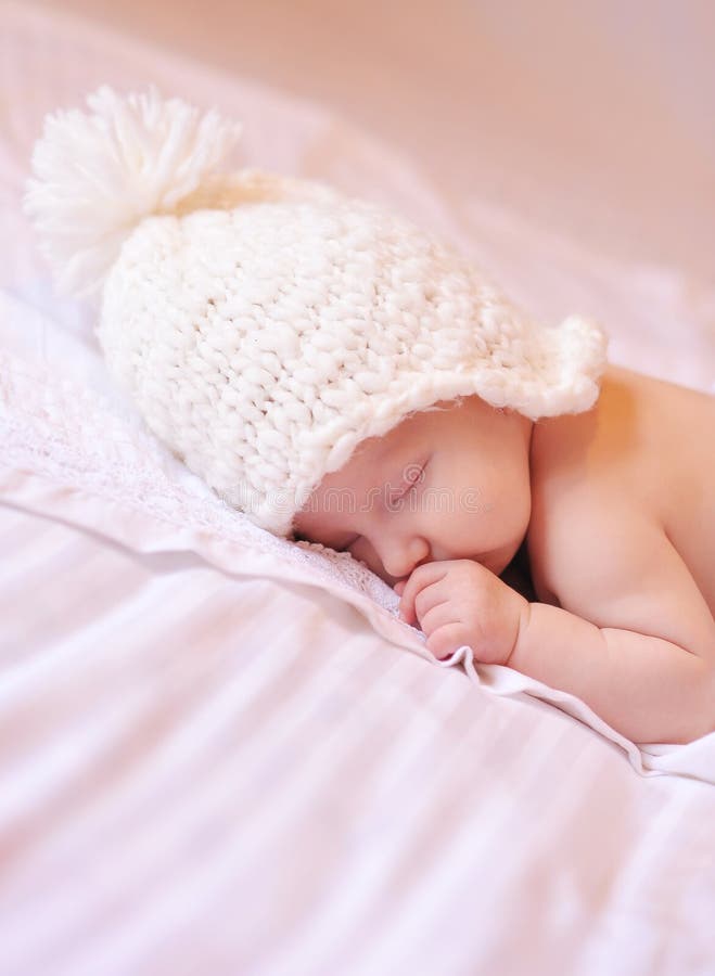 Little Baby Sleeping with Knitted Hat Stock Photo - Image of infant ...