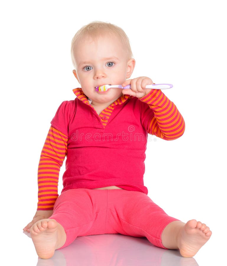 Little Baby Girl with Toothbrush on White Background Stock Photo ...