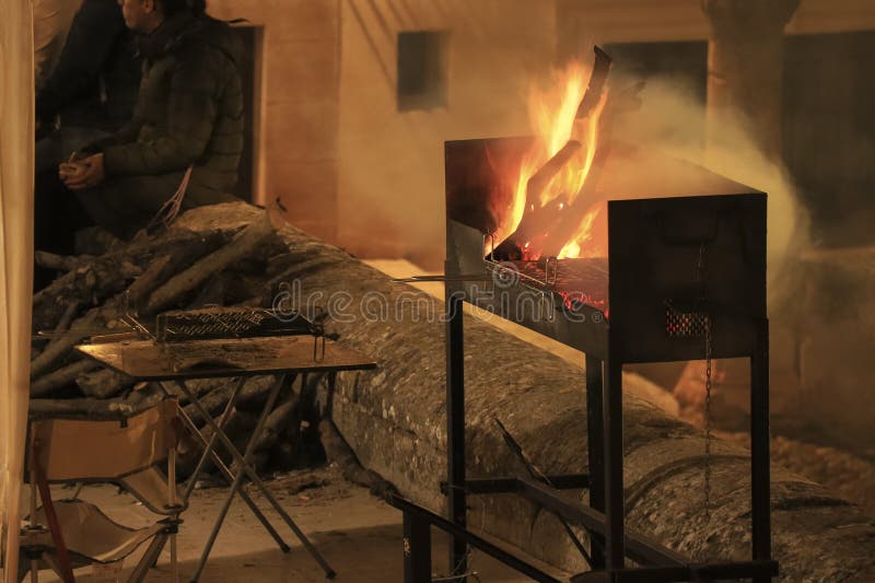 Little Barbecue with Embers and Fire on the Street Stock Photo - Image ...