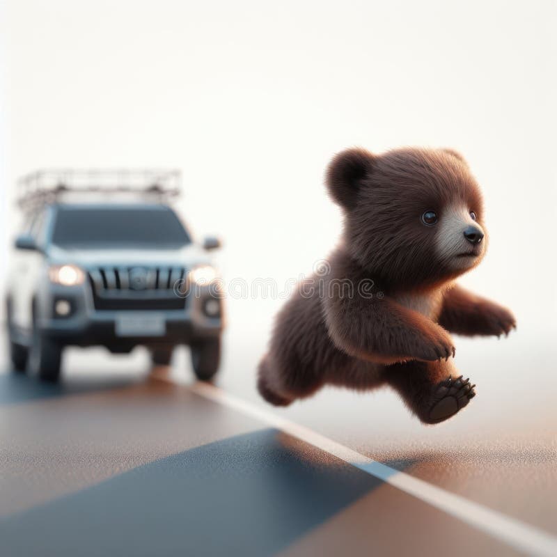 A Little Bear Runs Away from a Car Driving Behind it. Stock ...