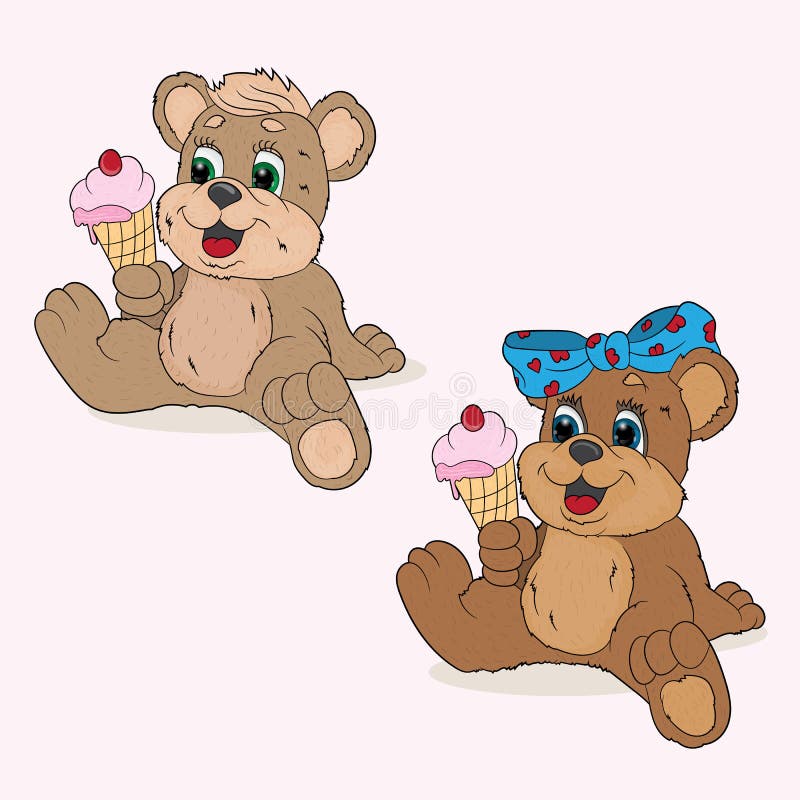 Little Bears Girl and Boy Sit and Hold the Ice Cream Stock Vector ...