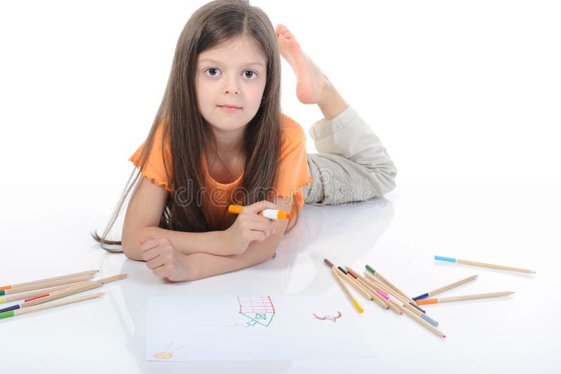 Little Beautiful Girl Draws Pencils. Stock Photo - Image of cute ...