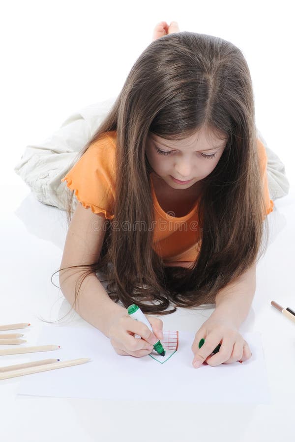 Little Beautiful Girl Draws Pencils. Stock Photo - Image of childhood ...