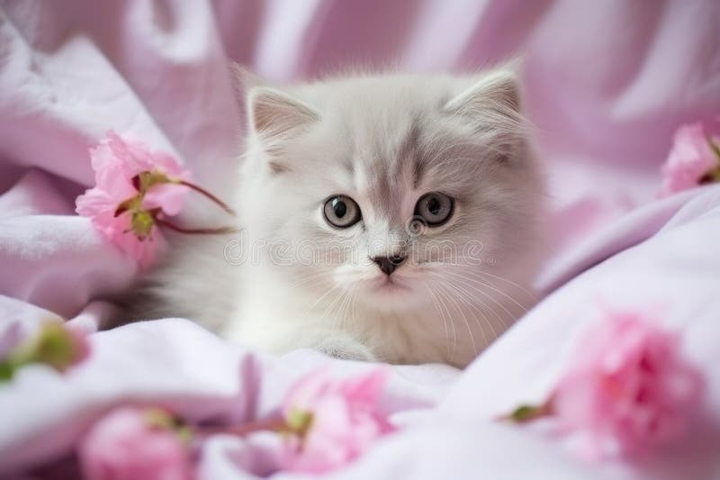 Little Beautiful Kitten with Pink Flowers Stock Image - Image of floral ...