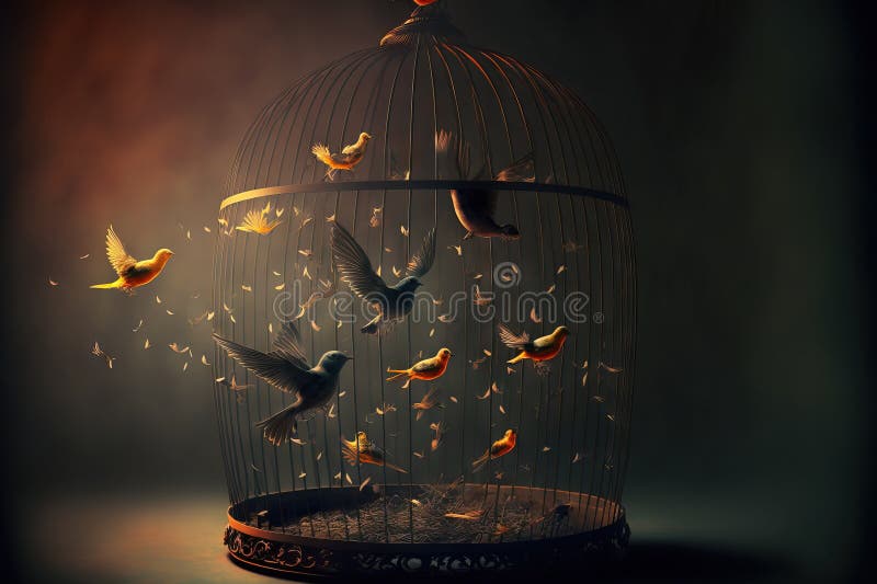 Little Birds Escape from Cage, Symbol of Freedom Stock Illustration ...