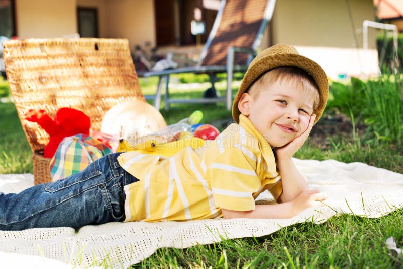 Little Bit Tired Boy Resting on the Blanket Stock Image - Image of ...