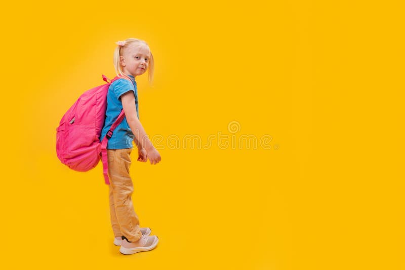 Little Blond Girl with Huge School Backpack. Side View. First-grader ...