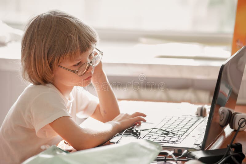 Little Blond Kid with Laptop Stock Photo - Image of schoolboy ...