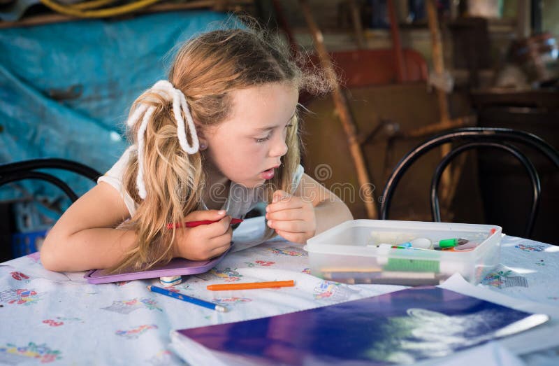 Little Blonde Girl Drawing with Crayons Stock Image - Image of learning ...