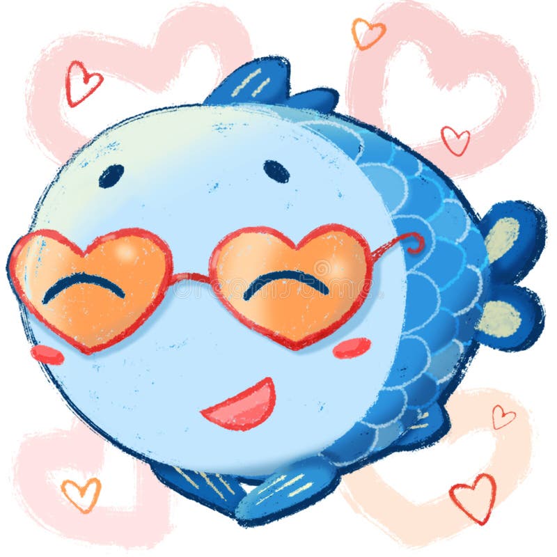 Little Blue Fish Smiling in Heart Shaped Glasses Stock Illustration ...