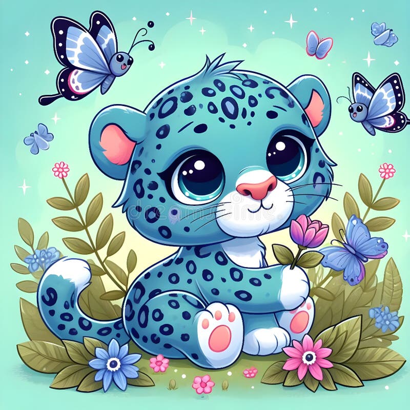 Little Blue Leopard with Butterfly Stock Illustration - Illustration of ...