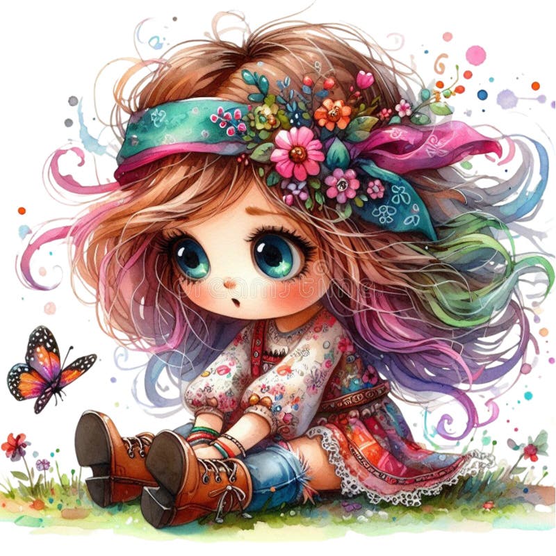 Little Boho Chibi Girl with Butterfly Stock Image - Illustration of ...