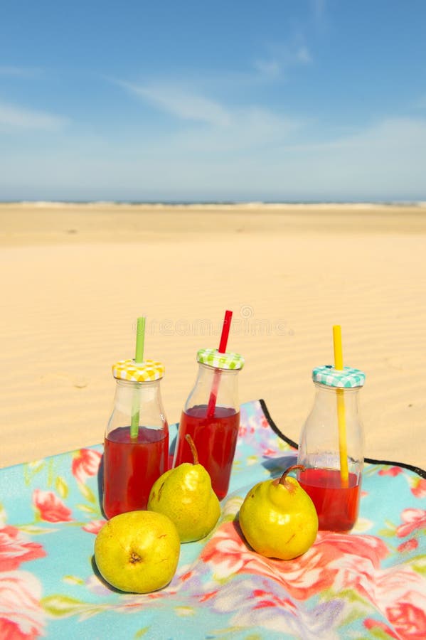 Bottles Lemonade and Fruit at Beach Stock Image - Image of vacation ...