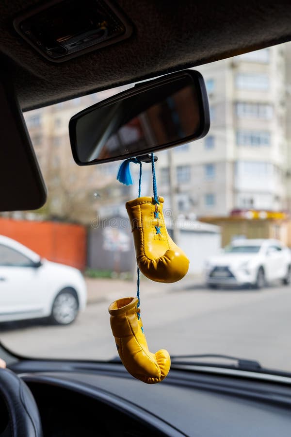 Little Boxing Gloves on the Rearview Mirror in a Car Stock Photo ...