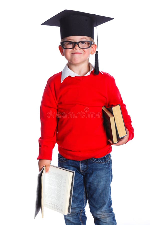 Little boy in academic hat stock photo. Image of diligent - 63541634