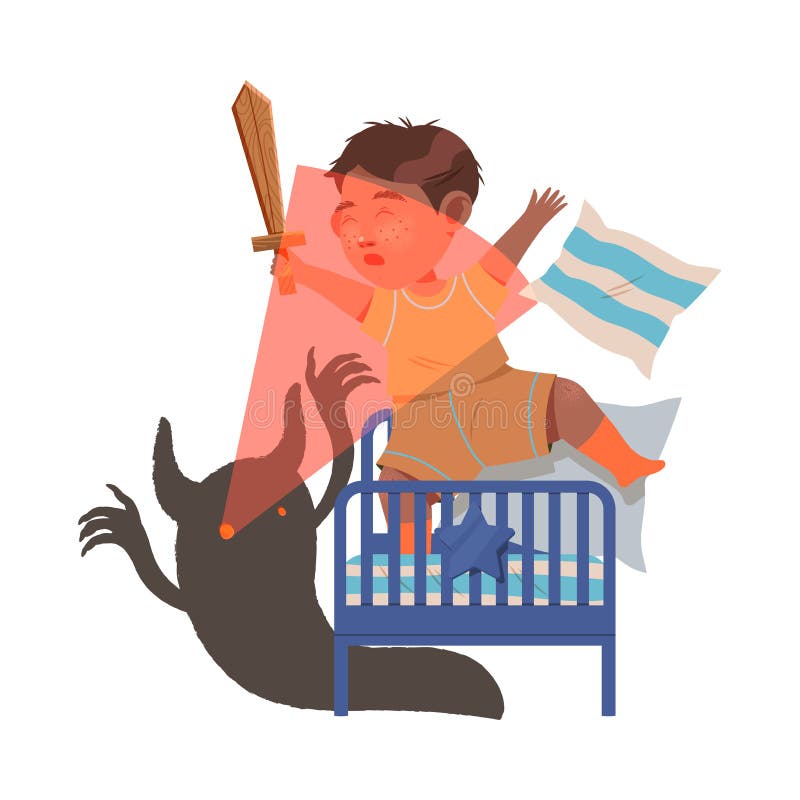 Little Boy Afraid of Monster on His Bed Fighting with Sword Vector ...