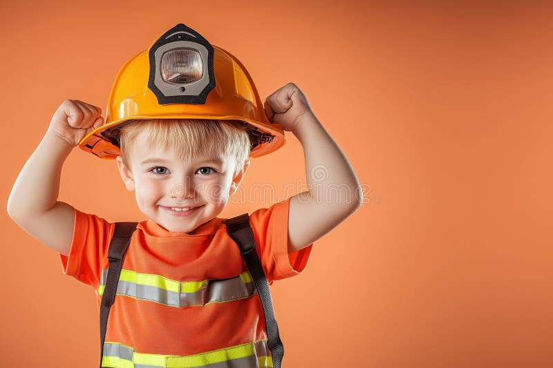Little Boy As Fire Fighter on Orange Background Stock Illustration ...