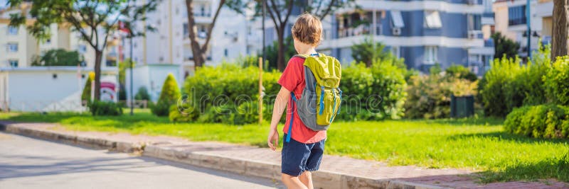 Little Boy with a Backpack Go To School. Back View BANNER, LONG FORMAT ...