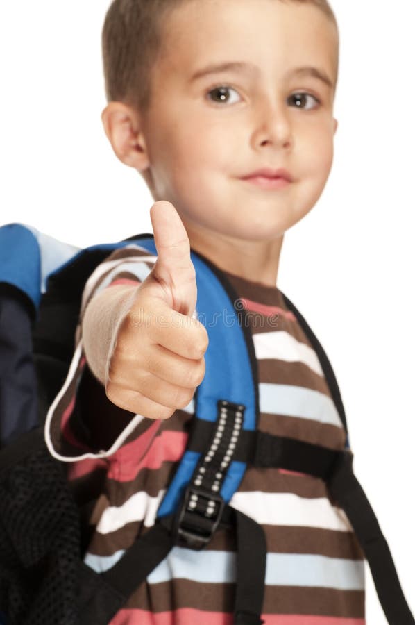 Little Boy with Backpack Shows Stock Photo - Image of handsome ...