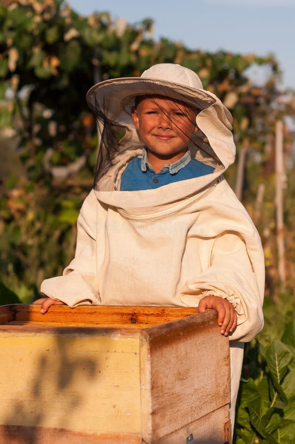 Little Boy Beekeeper Works on an Apiary at Hive Stock Photo - Image of ...