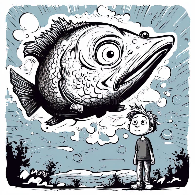 Little Boy and Big Fish, Illustration, Cartoon Generative AI Stock ...