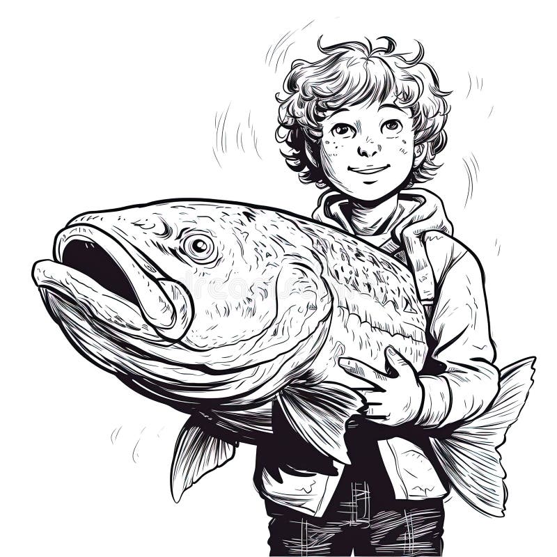 Little Boy and Big Fish, Illustration, Cartoon Generative AI Stock ...