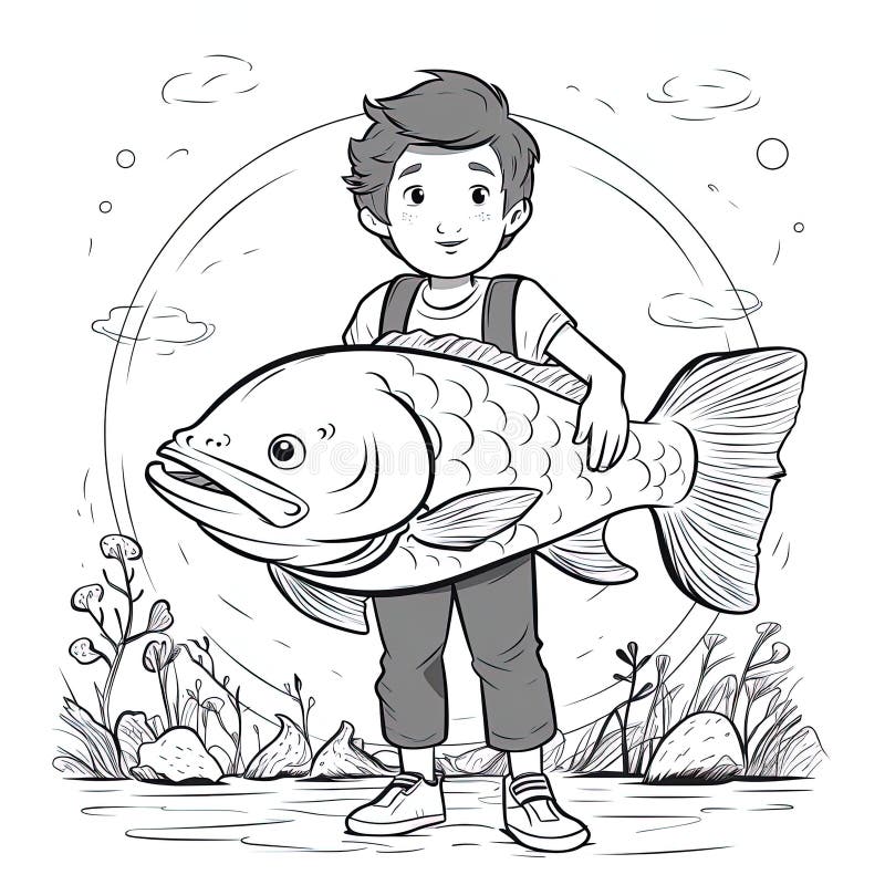 Little Boy and Big Fish, Illustration, Cartoon Generative AI Stock ...