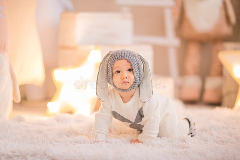 Little Boy with Birthmark in Christmas Rabbit Costume Posing at White ...