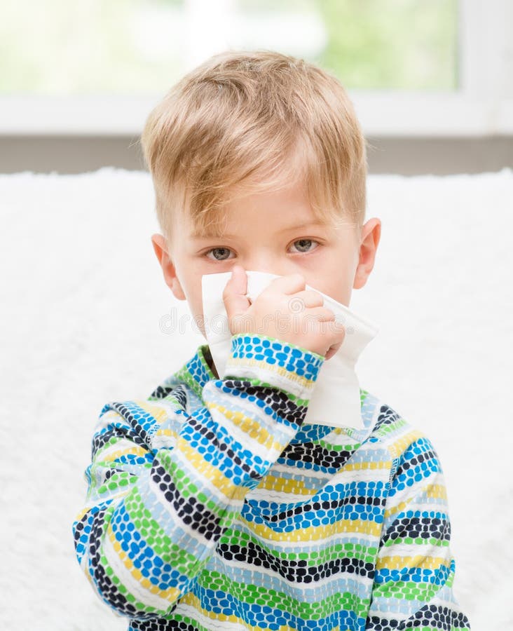 Little Boy Blowing His Nose Stock Image - Image of caucasian, child ...