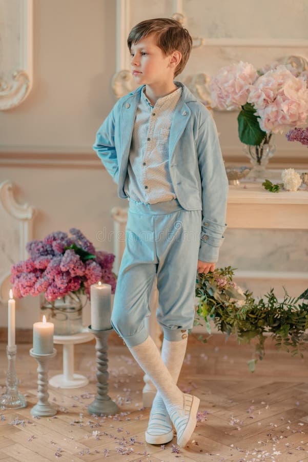 The Little Boy in the Blue Suit in the Studio with Flowers Stock Photo ...