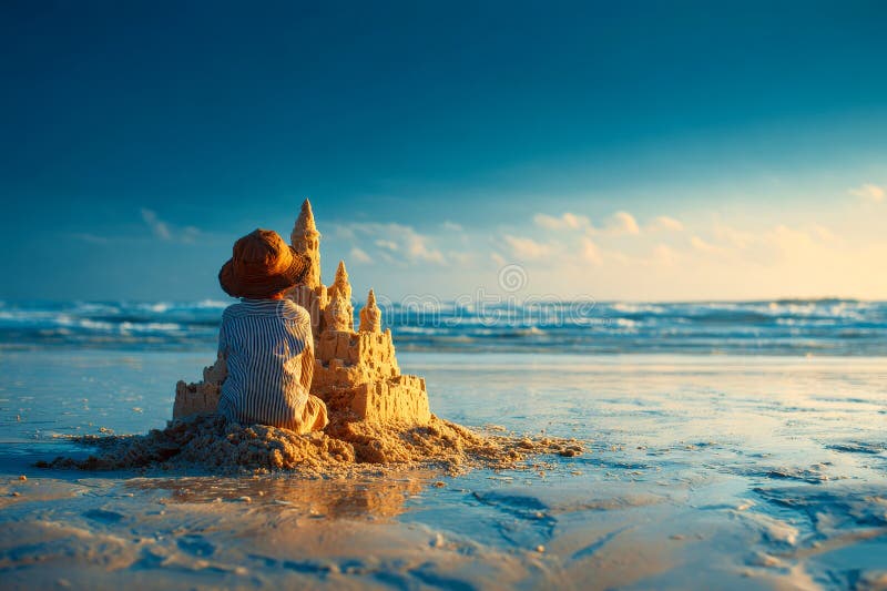 Little Boy Building Sand Castle on Ocean Shore in Summer Sunset. Stock ...