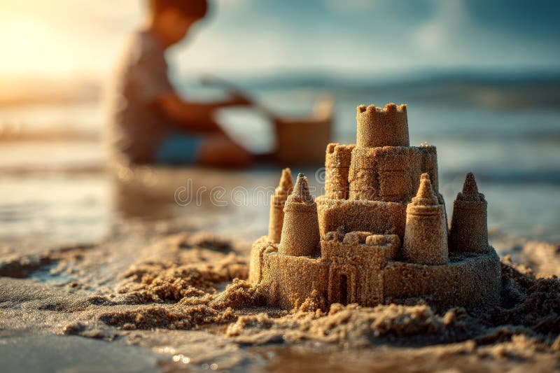 Little Boy Building Sand Castle on Ocean Shore in Summer Sunset. Stock ...