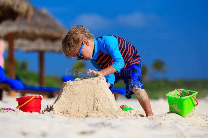 Little Boy Building Sandcastle on Summer Beach Stock Image - Image of ...