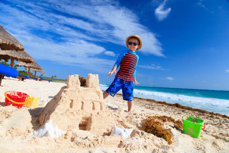 Little Boy Building Sandcastle on Tropical Beach Stock Image - Image of ...