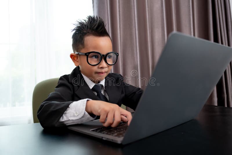 Little Boy in Busines Suit Working with Notebook Stock Photo - Image of ...