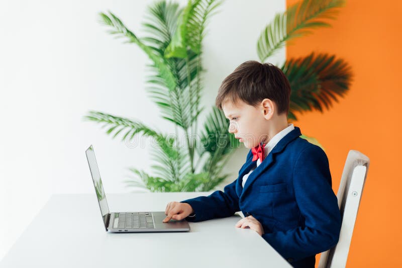 Little Boy in Business Suit Studying at Laptop Stock Image - Image of ...