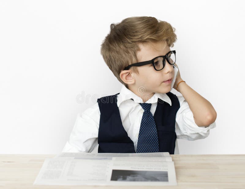 Little Boy Businessman Working Busy Stock Photo - Image of mood ...