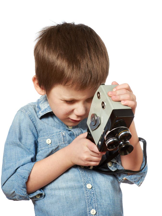 Little Boy Cameraman Filming with Retro Camera Stock Photo - Image of ...