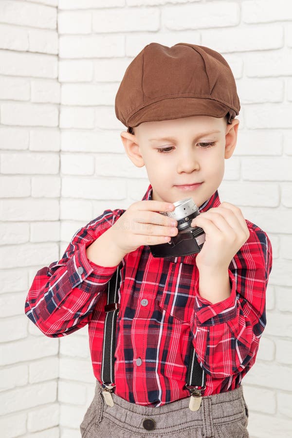 Little Boy in a Cap with Camera Stock Image - Image of retro, vertical ...