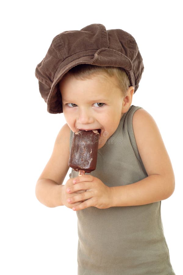 Little Boy in Cap with Ice Cream Stock Photo - Image of shirt, dessert ...