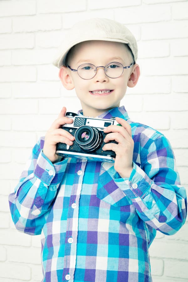 Little Boy in a Cap with Retro Camera Stock Photo - Image of portrait ...