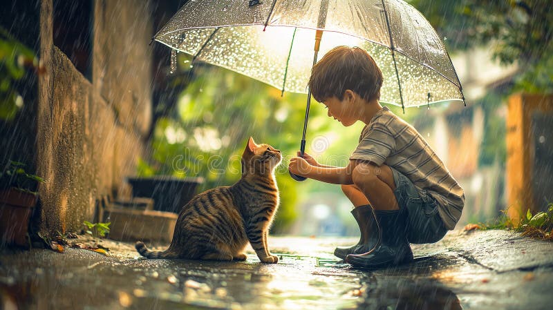 Little Boy with Cat Hiding Under Umbrella from Rain Stock Photo - Image of together, weather ...