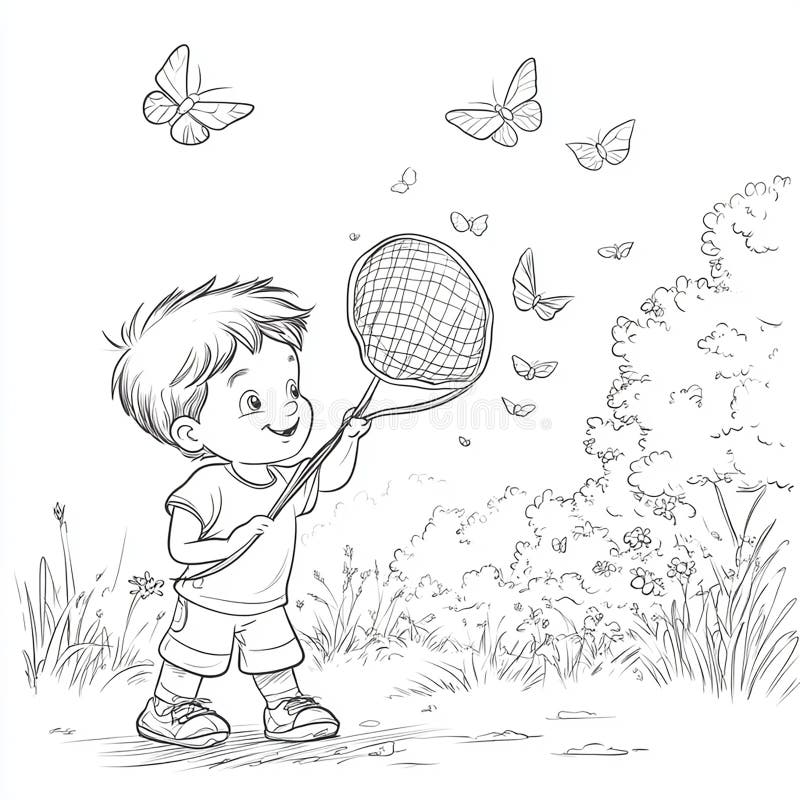 Little Boy Catching Butterflies with a Net on a Sunny Day Stock ...