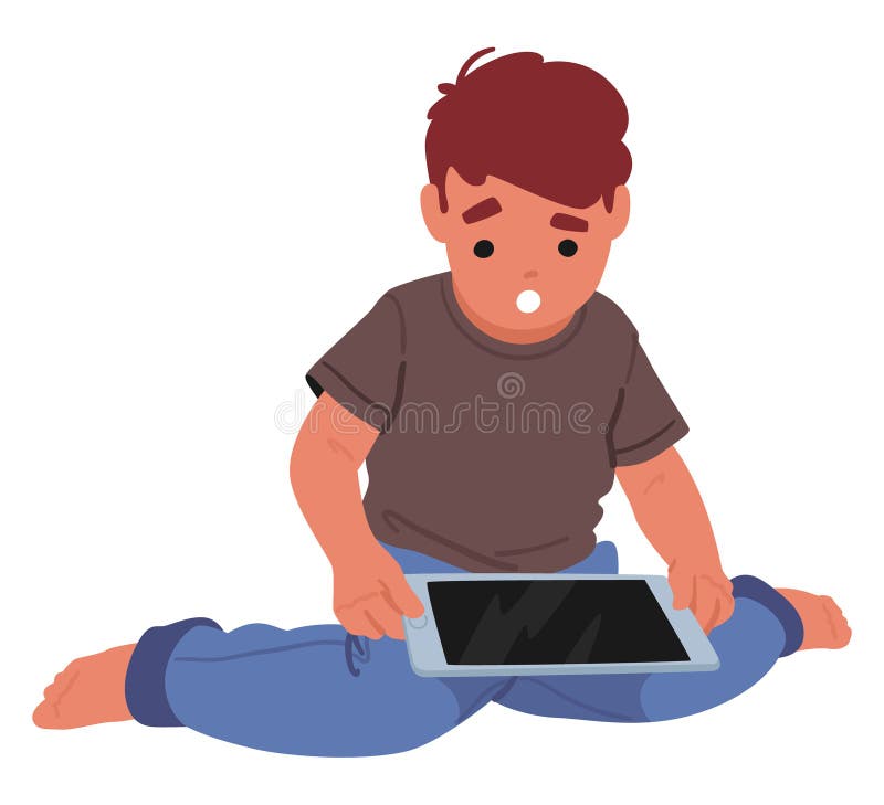 Little Boy Character with Tablet Pc in Hands. Child Using Gadgets, Kid ...
