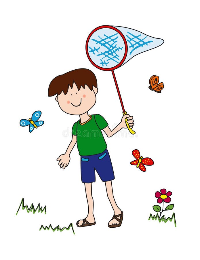 Little Boy Chasing Butterflies Stock Vector - Illustration of friendly ...